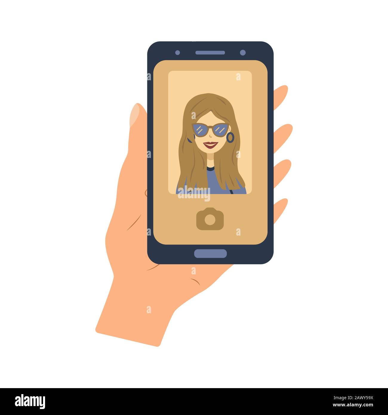 Girl in sunglasses takes a selfie. Hand holds smartphone. Colorful ...