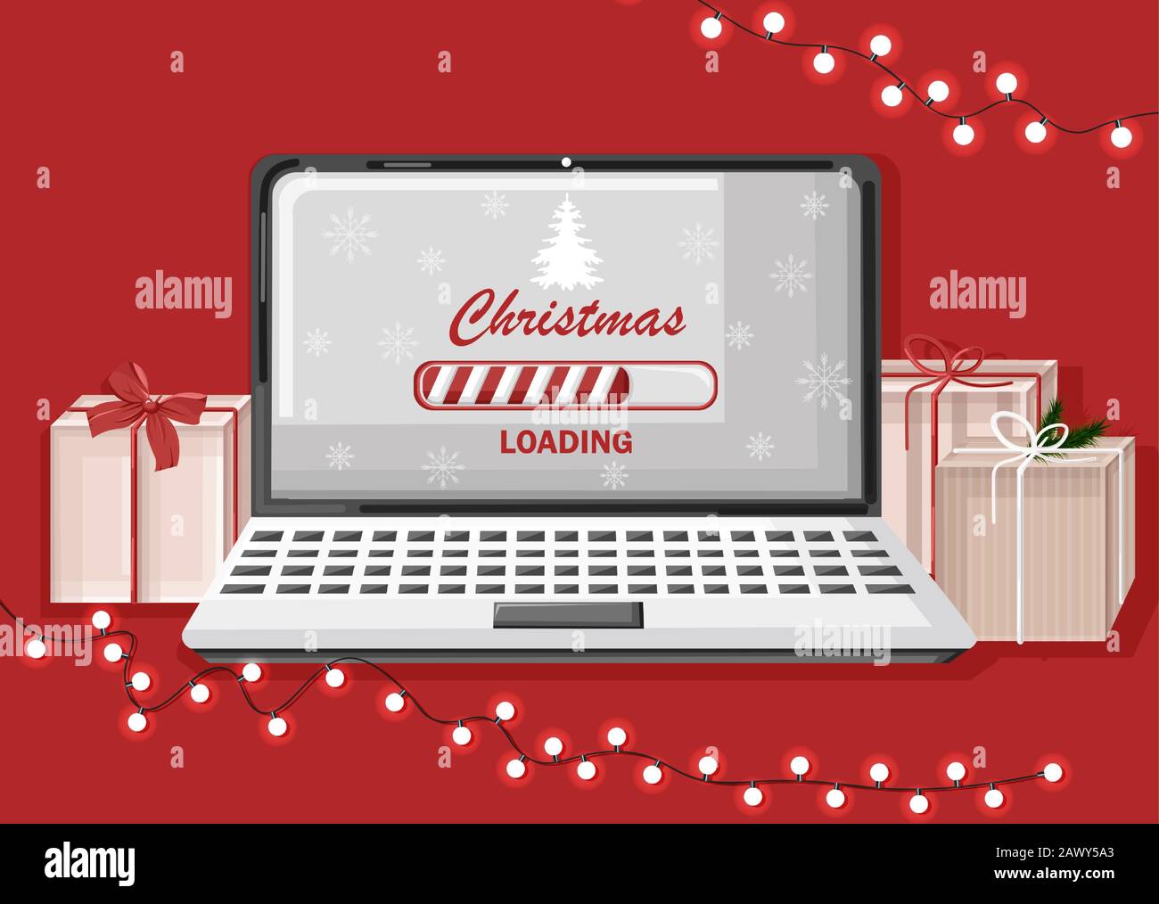 Christmas loading screen on computer. Red background with gifts and ...