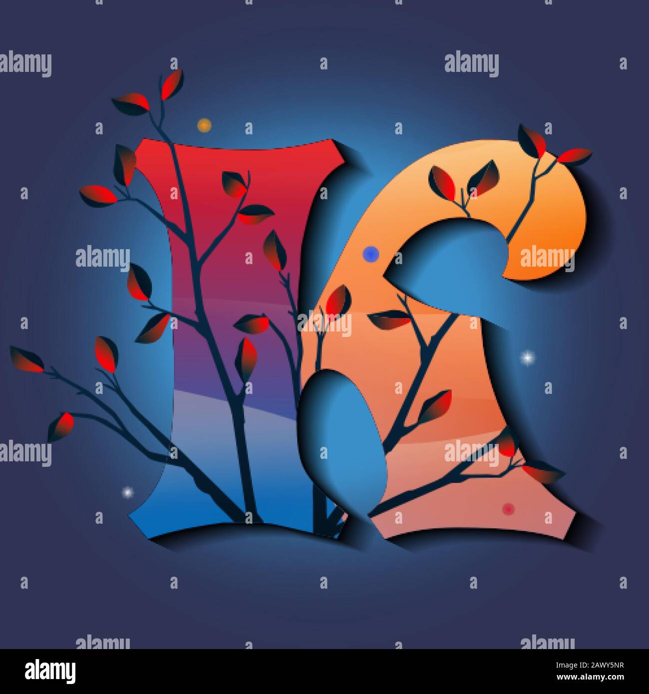 Letter K in golden autumn style. Blue background. Mystic forest with ...