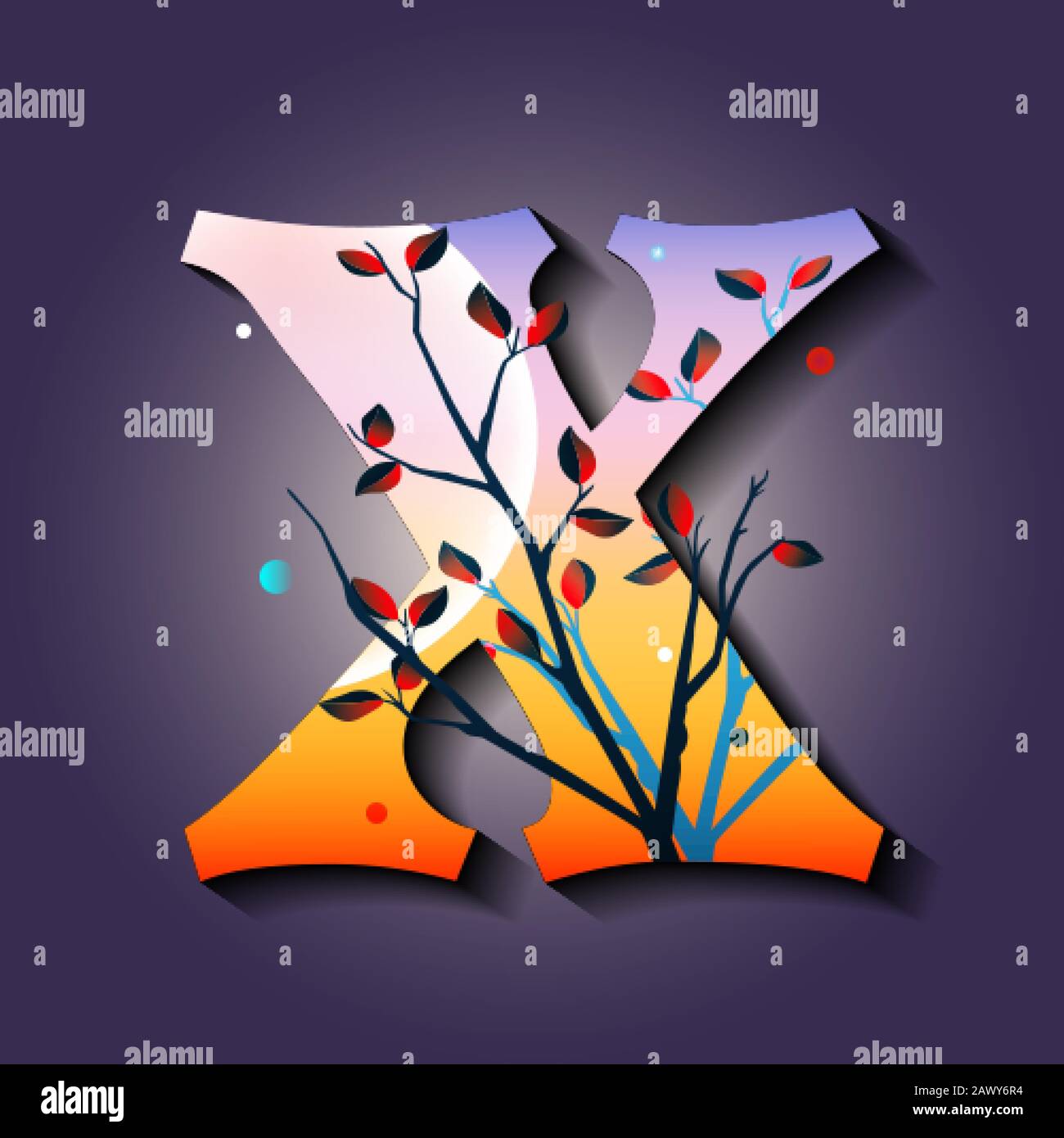 Letter X in golden autumn style. Tree with red leaves. Mystic space ...