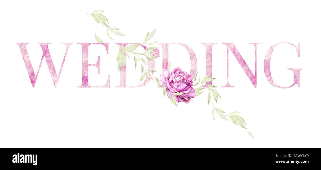 Wedding. Watercolor Big Letters. Light Pink color. Flovers Composition ...
