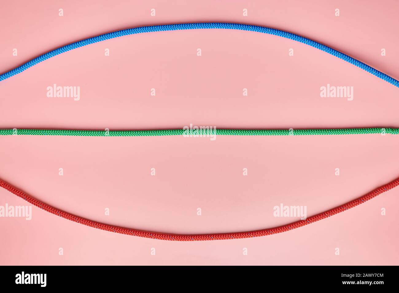 Braided nylon ropes. Red, green and blue rope lines. Strong and ...