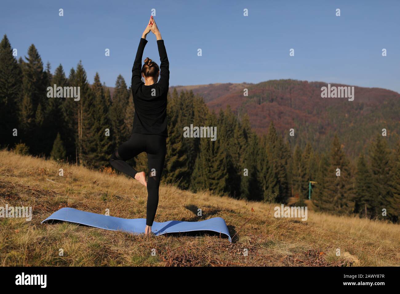 Young woman doing stretching exercises on nature in mountains. Sports ...