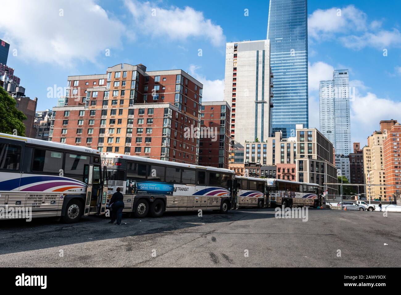 New York, USA - June 6, 2019: public transportation system buses parked ...