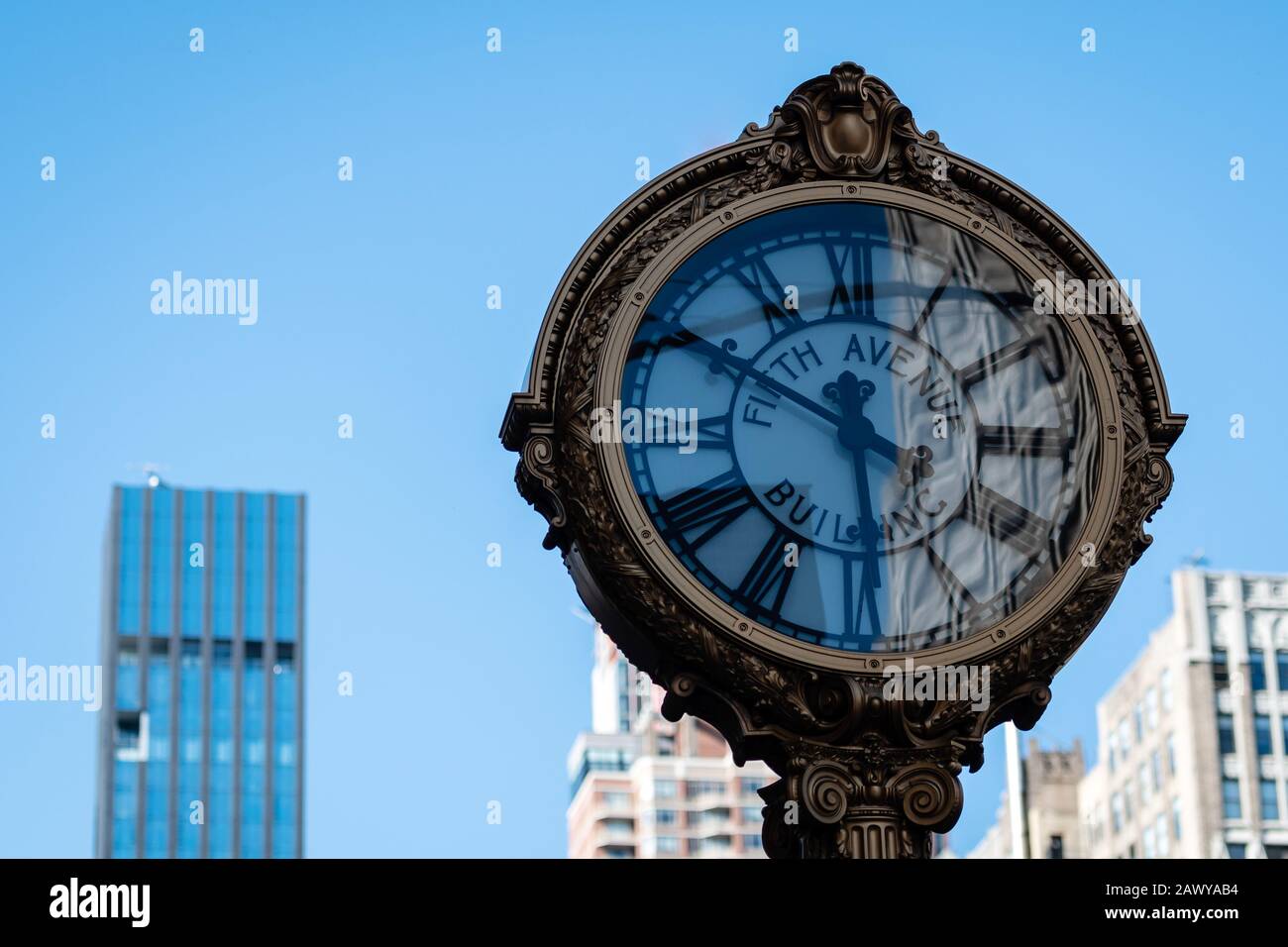 New York, USA - June 21, 2019: historic clock on the Fifth Avenue, at ...