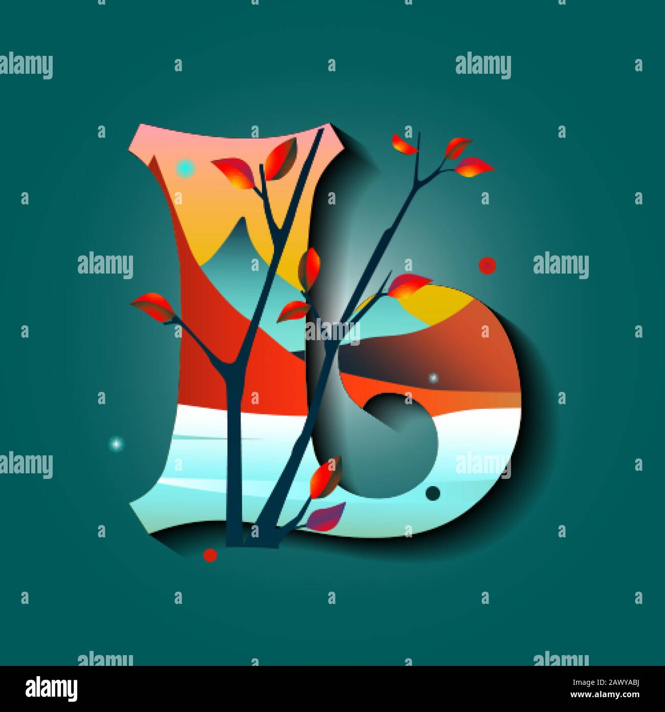 Letter L in golden autumn style. Tree with red leaves. Mystic mountains ...