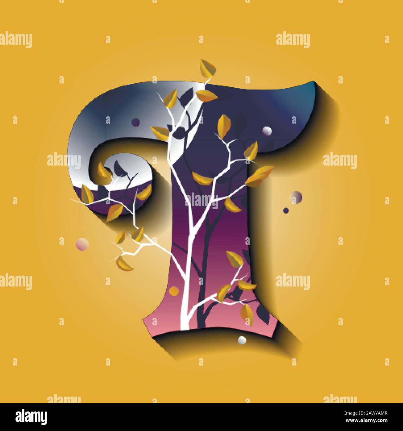 Letter T in golden autumn style. Tree with yellow leaves. Flat vector ...