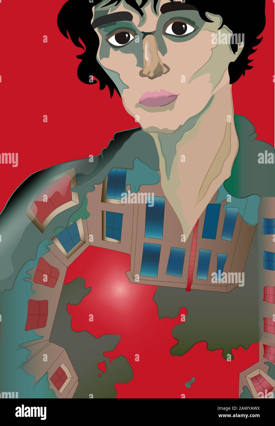 Lonely and sad man with a room inside him. Abstract sorrow composition ...