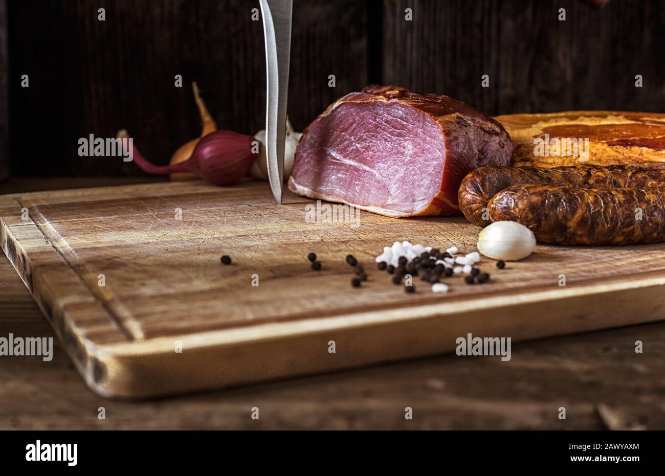 collage of different kinds of meat, smoked sausage and meat Stock Photo ...