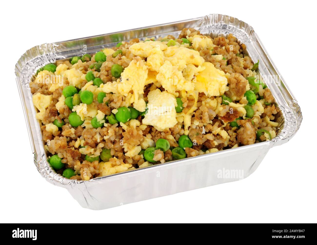 Chinese egg fried rice in a foil take away container isolated on a ...