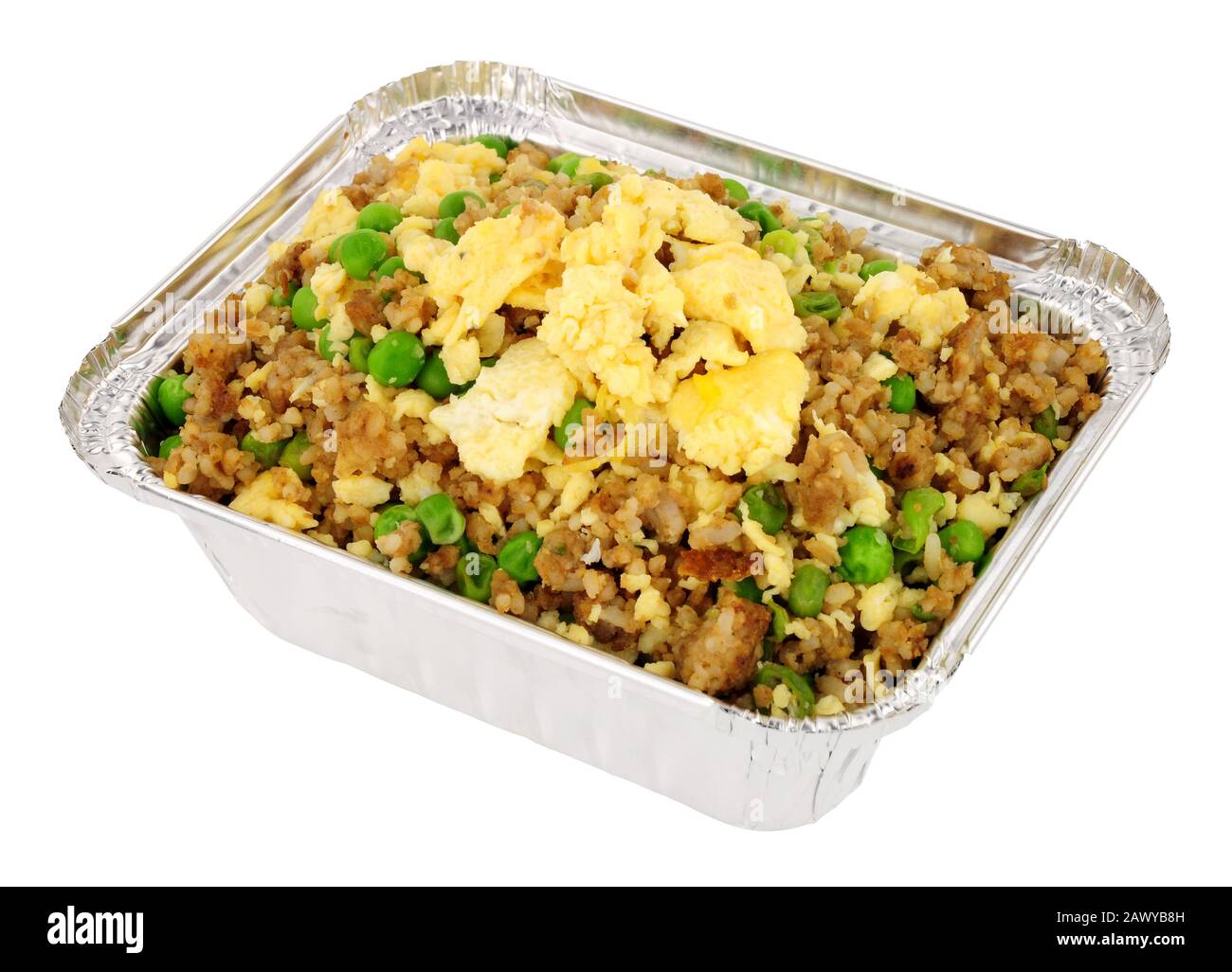 Chinese egg fried rice in a foil take away container isolated on a ...