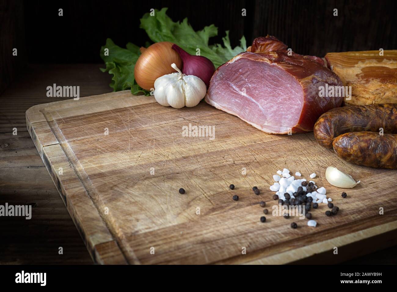 collage of different kinds of meat, smoked sausage and meat Stock Photo ...