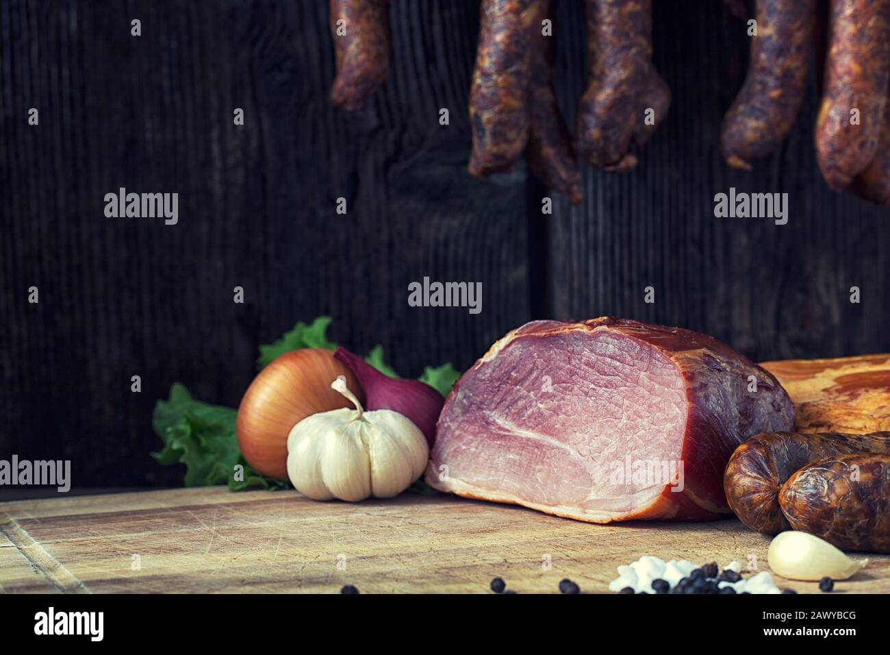 collage of different kinds of meat, smoked sausage and meat Stock Photo ...