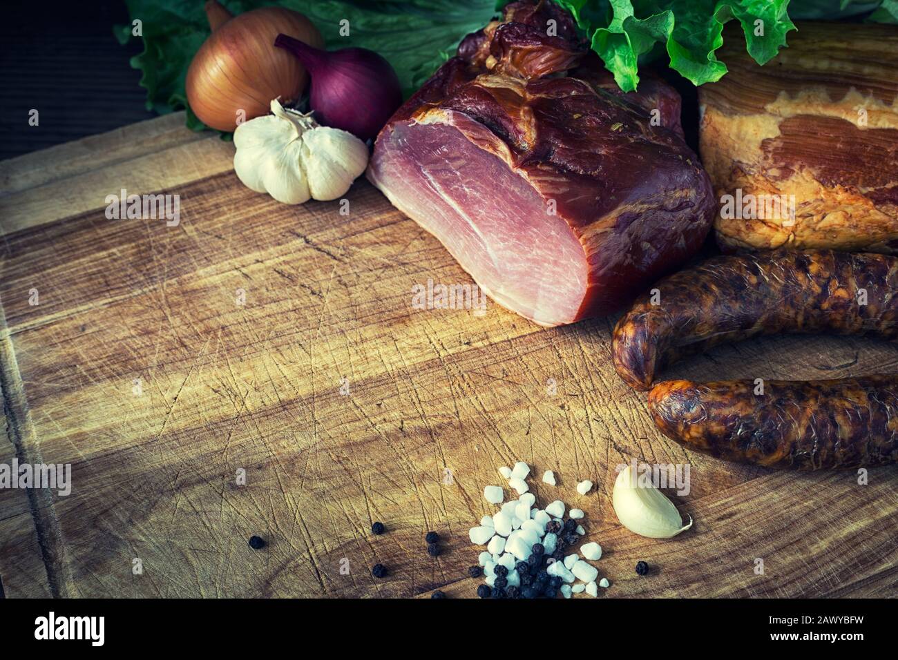 collage of different kinds of meat, smoked sausage and meat Stock Photo ...