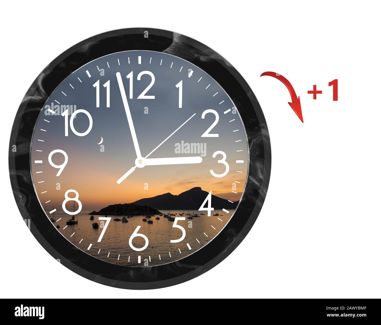 Daylight Saving Time (DST). Wall Clock going to summer time (+1). Turn ...