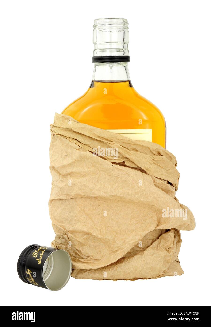 Bottle of Scotch whisky wrapped in a brown paper bag isolated on a ...