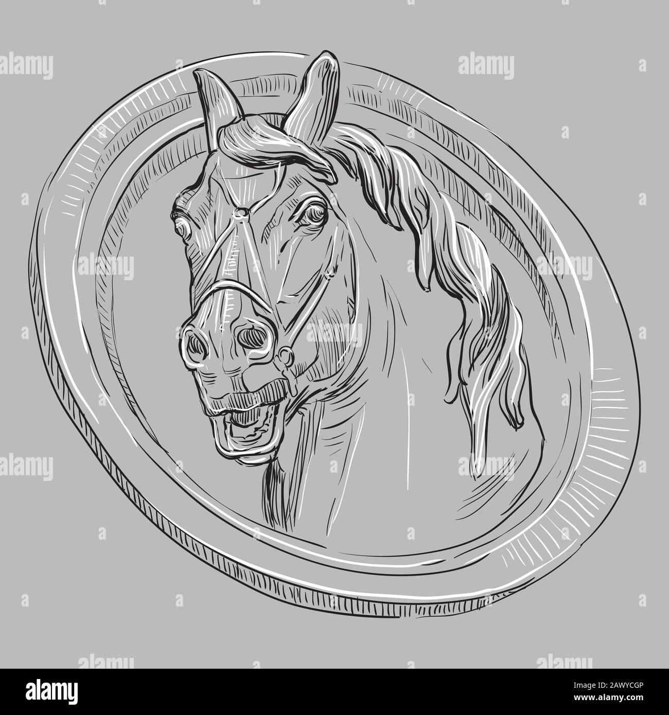 Ancient vintage bas-relief in the form of a head of horse, vector hand ...