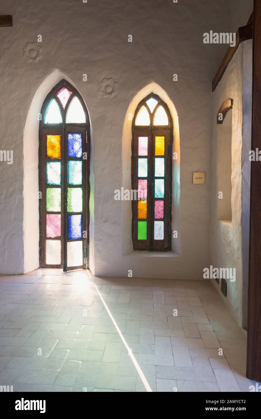 Home showcase interior stained glass church windows Stock Photo - Alamy
