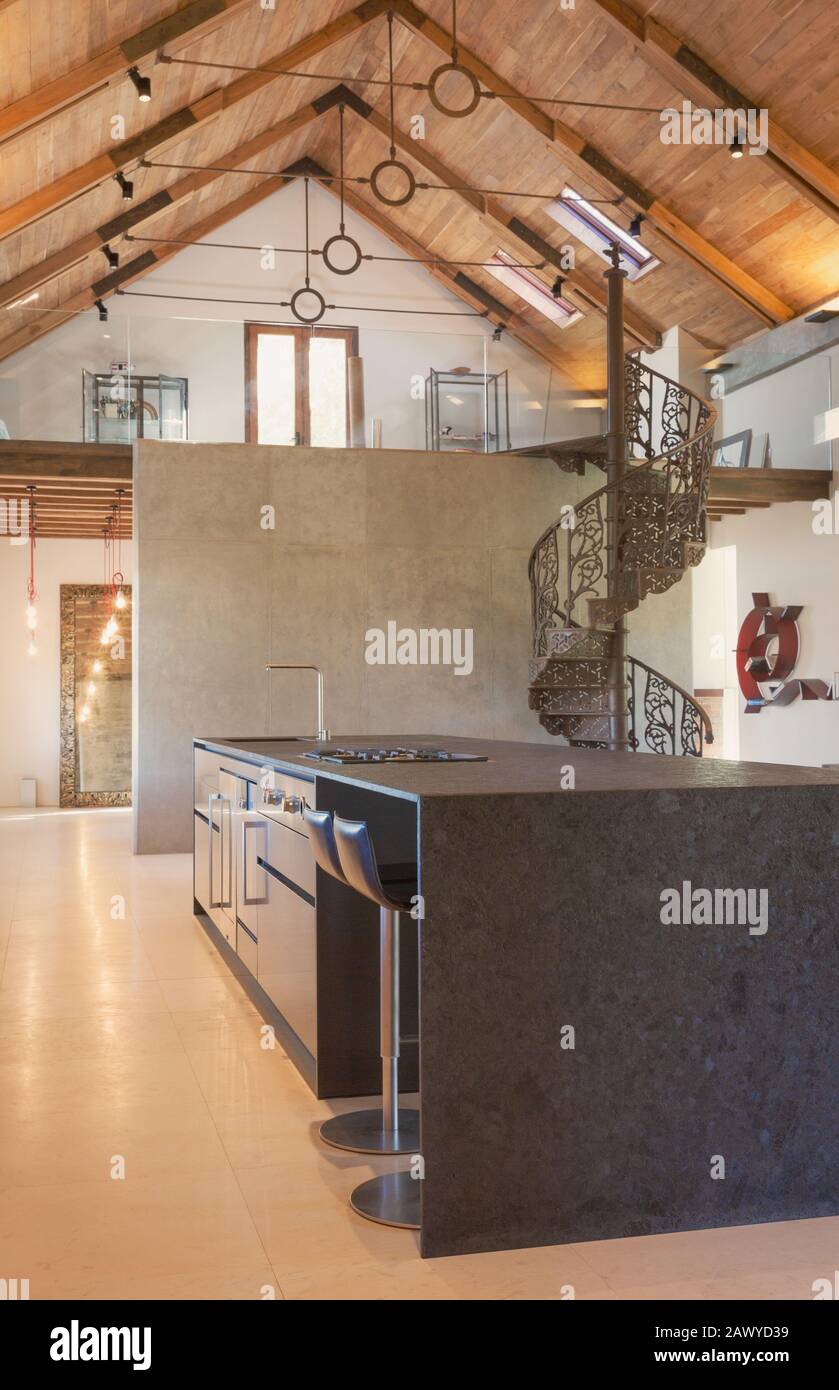 Home showcase interior kitchen and loft with vaulted wood ceiling Stock ...