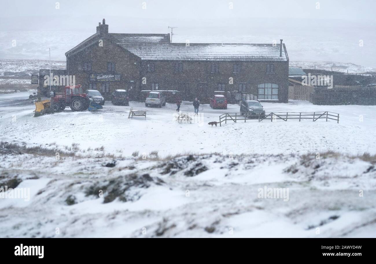 Snowy conditions at the Tan Hill Inn in Reeth in the Yorkshire Dales ...