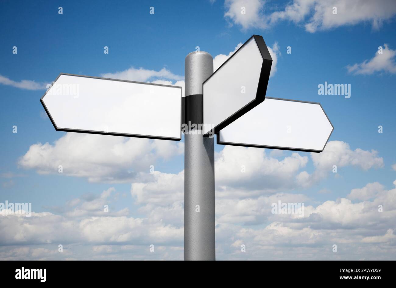 Blank three way metal signpost against a blue sky Stock Photo - Alamy