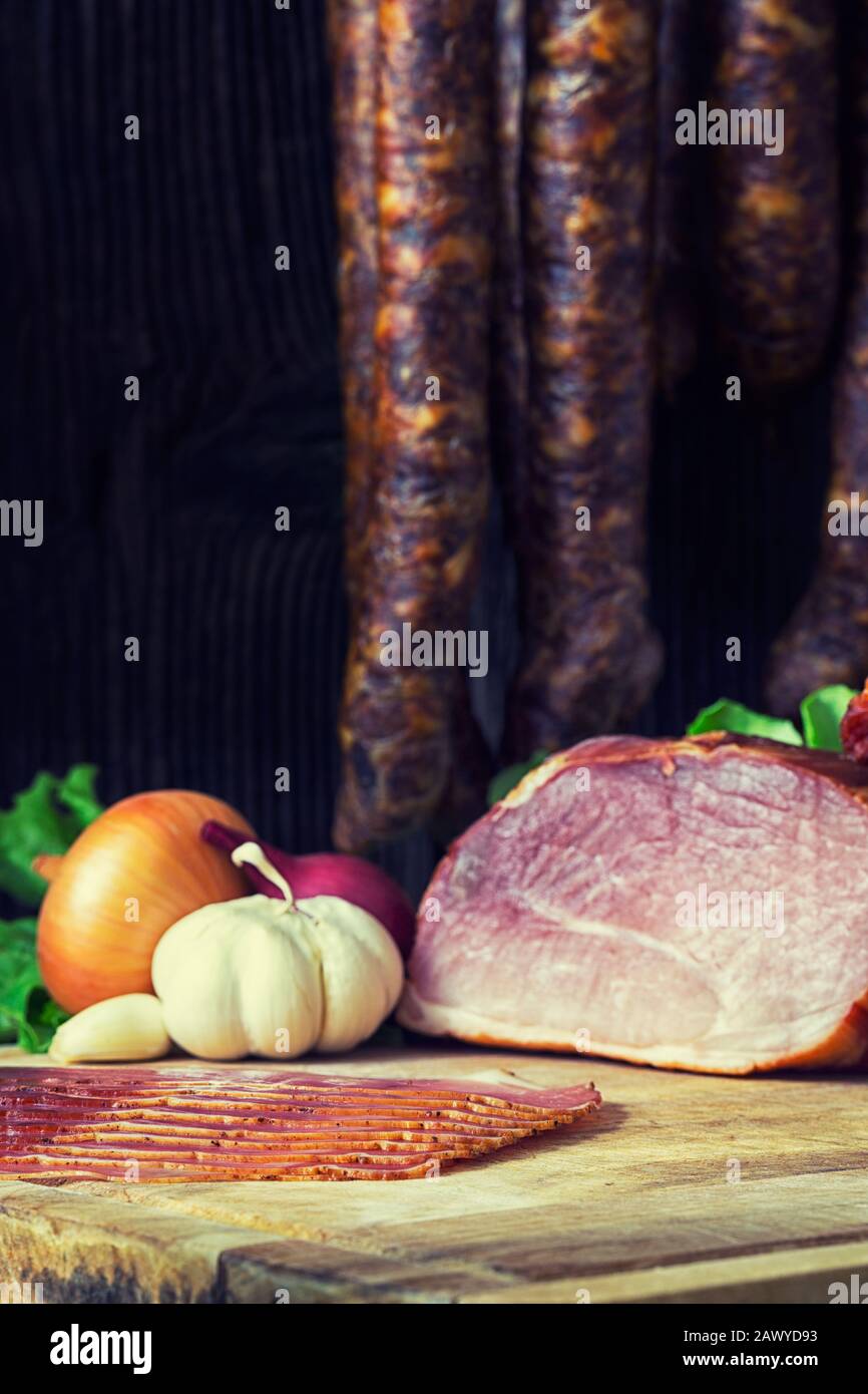 collage of different kinds of meat, smoked sausage and meat Stock Photo ...