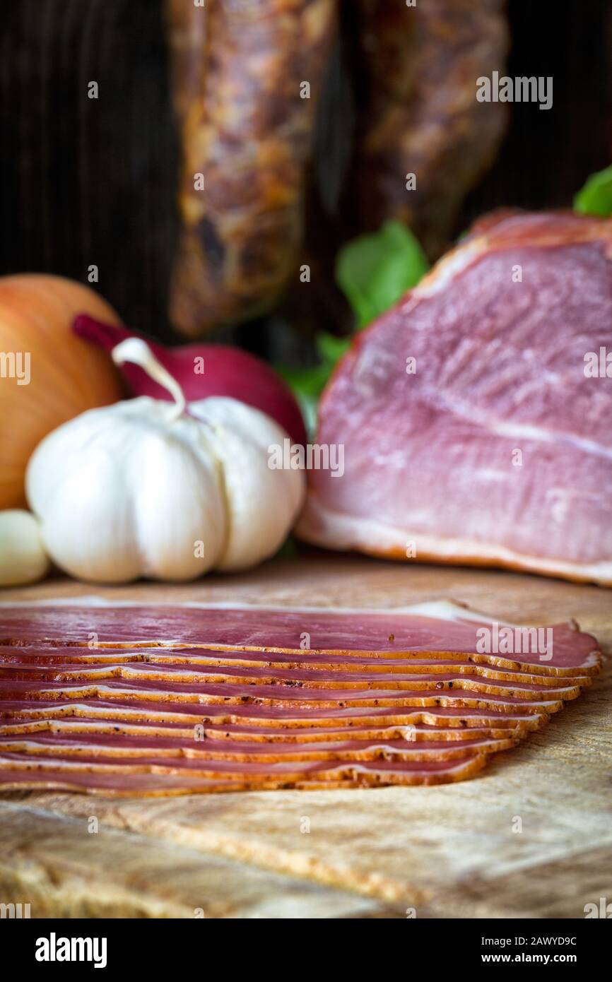 collage of different kinds of meat, smoked sausage and meat Stock Photo ...