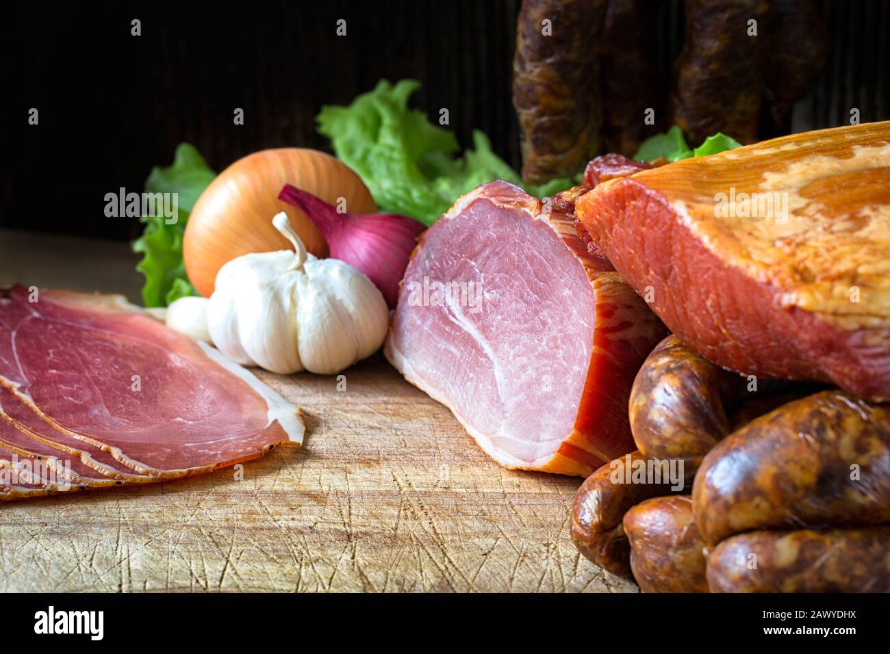 collage of different kinds of meat, smoked sausage and meat Stock Photo ...