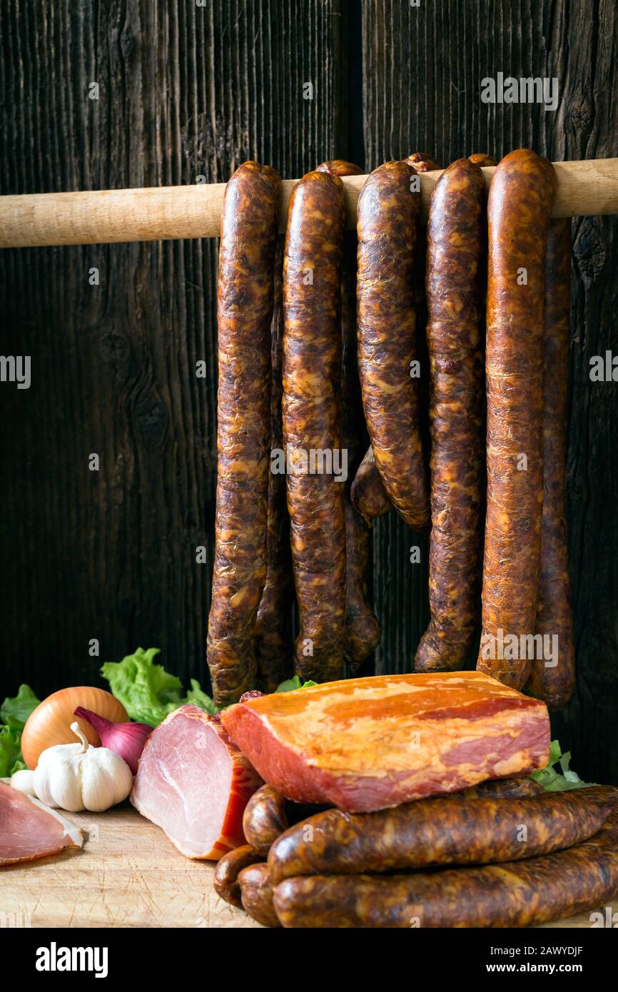 collage of different kinds of meat, smoked sausage and meat Stock Photo ...