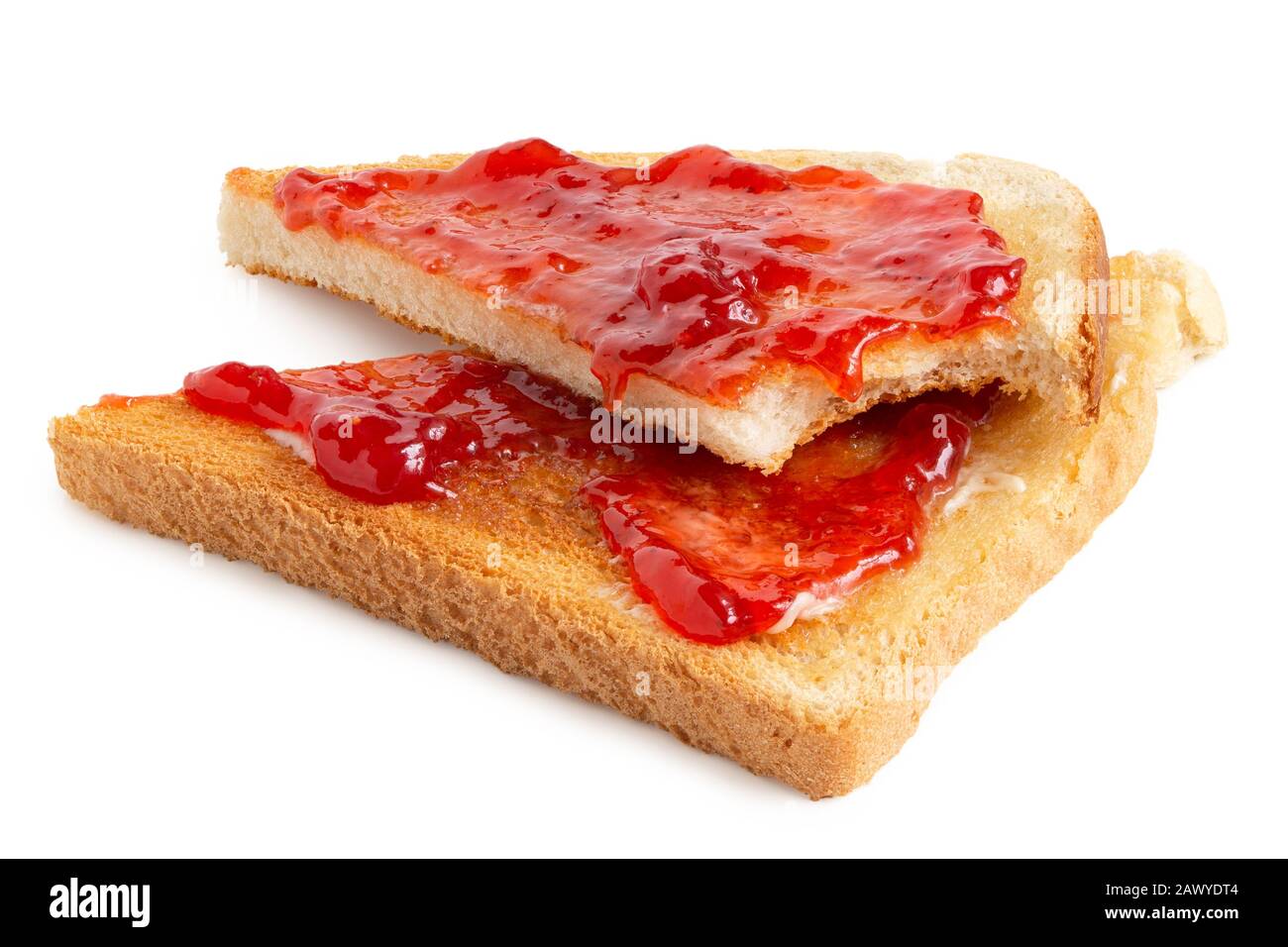 Two triangles of white toast spread with butter and strawberry jam ...