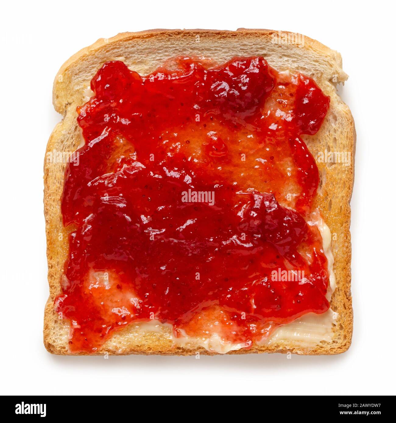 White toast spread with butter and strawberry jam isolated on white ...