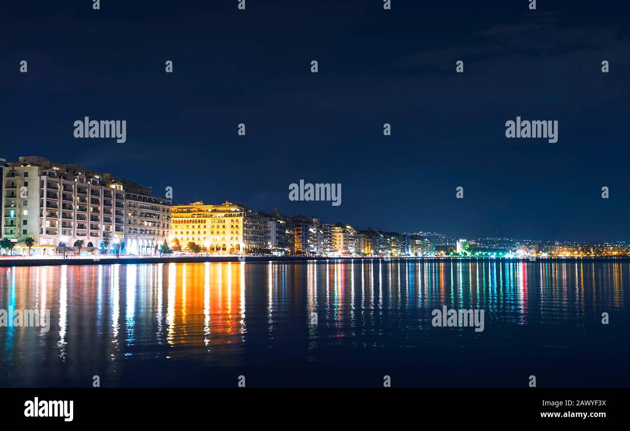 Thessaloniki, Greece, night View of City Centre with Sea and Tower ...