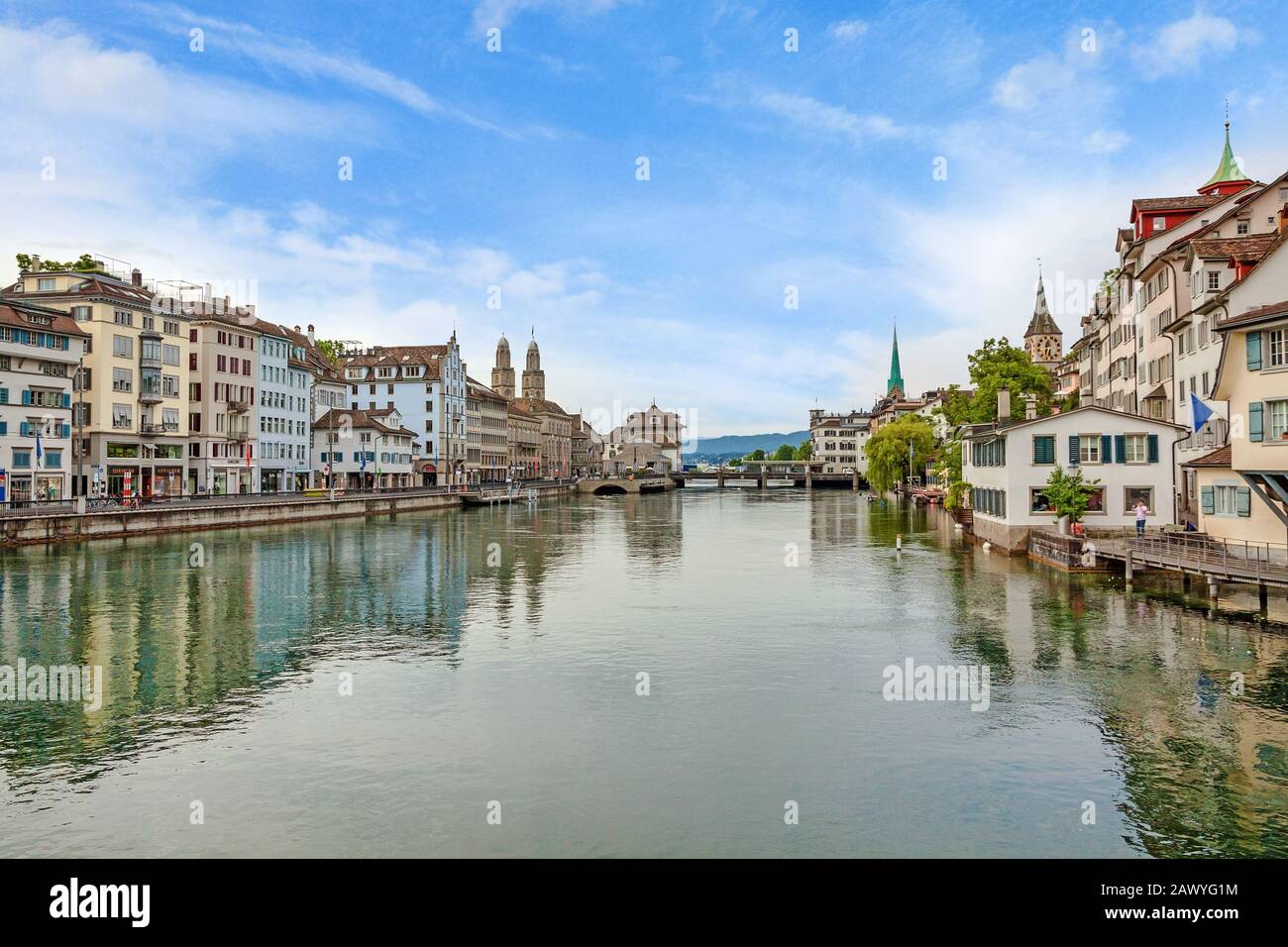 Zurich, Switzerland - June 10, 2017: Zurich downtown, view of Grossmunster, Fraumunster and St ...
