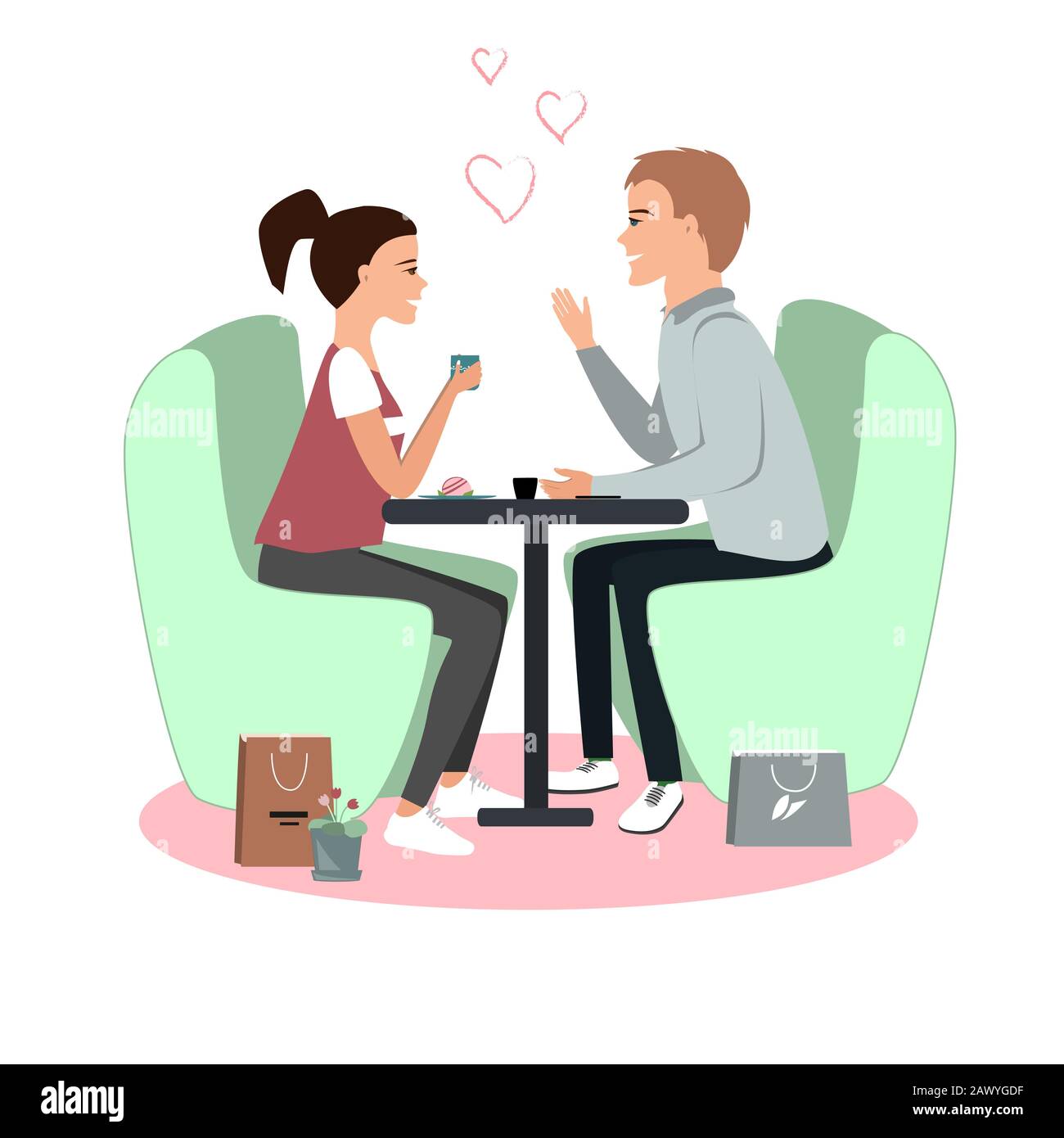 Cute girl and boy in cafe, happy Valentines Day date. Love card, vector ...