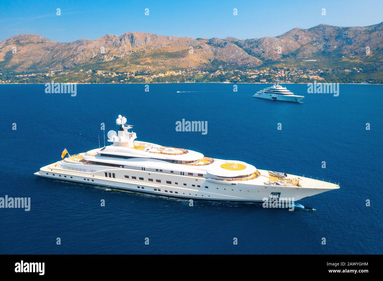 Aerial view of luxury yacht and blue sea at sunny bright day Stock ...