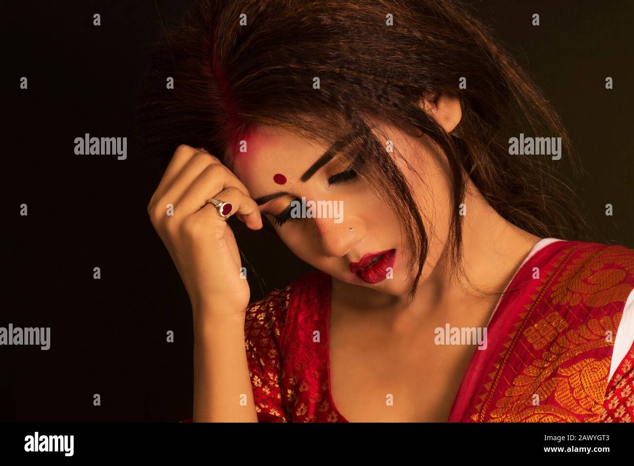 Portrait of an young and beautiful Indian Bengali brunette woman with ...