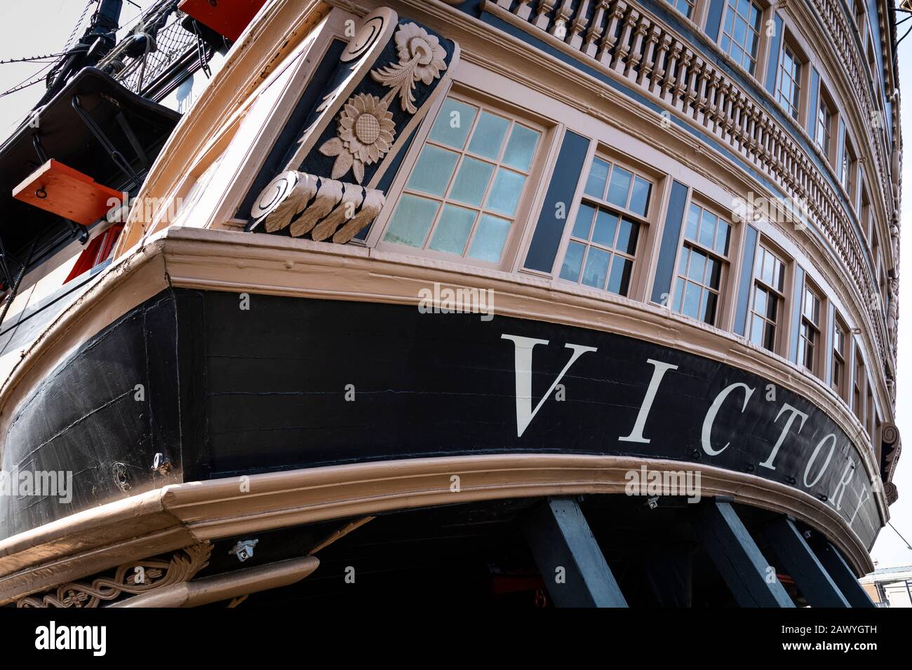 Stern (rear) of Nelson's flagship HMS Victory in dry dock in Portsmouth ...
