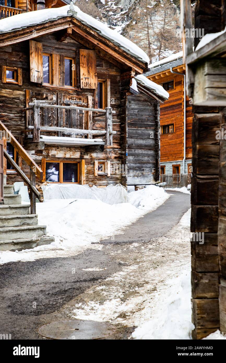 wooden houses in zermatt, Swiss Alps Stock Photo - Alamy