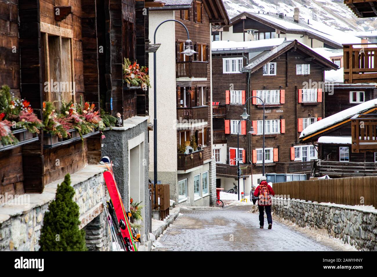wooden houses in zermatt, Swiss Alps Stock Photo - Alamy