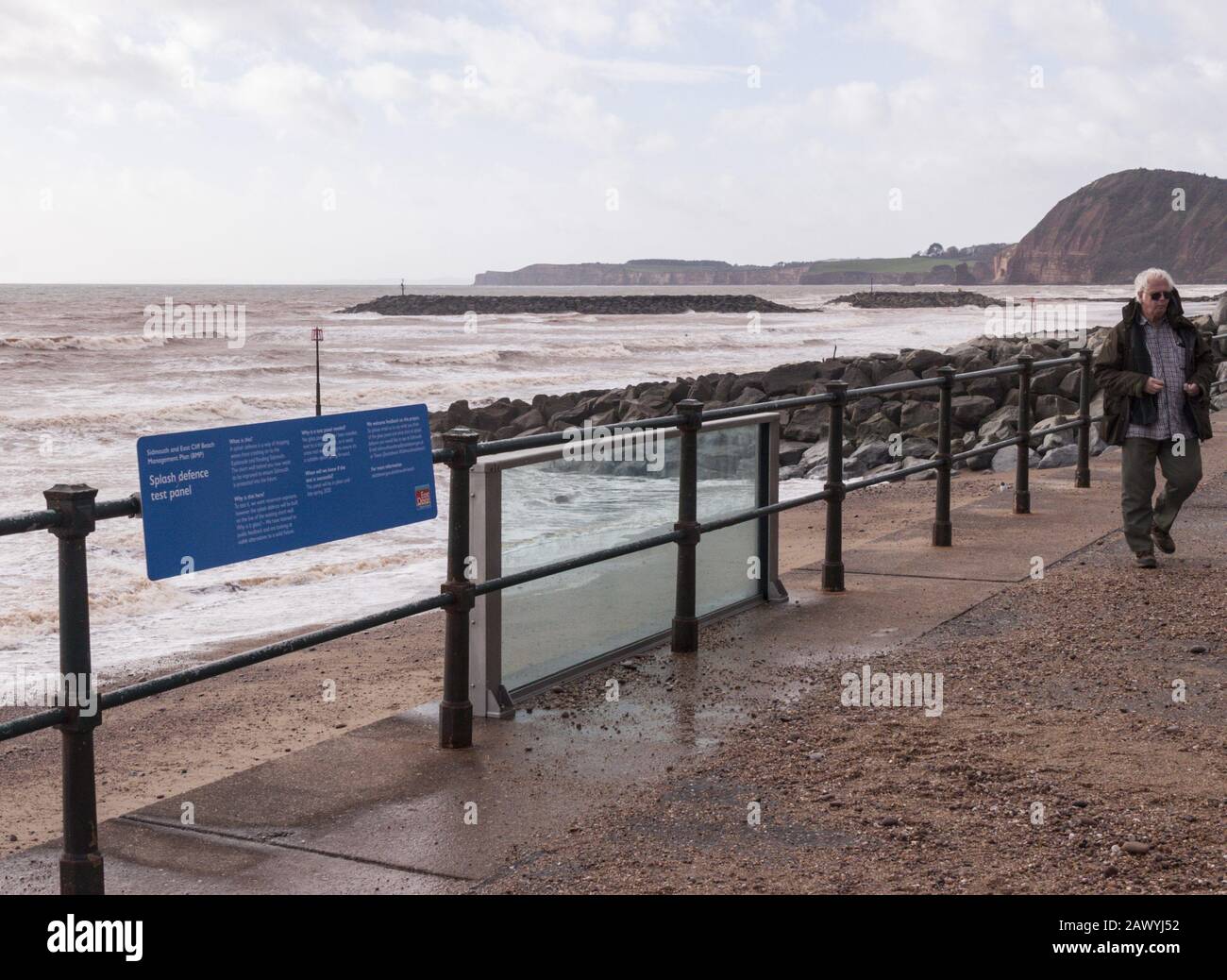 Sidmouth, Devon. 10th Feb 2020. UK Weather: Glass sea defence panels ...