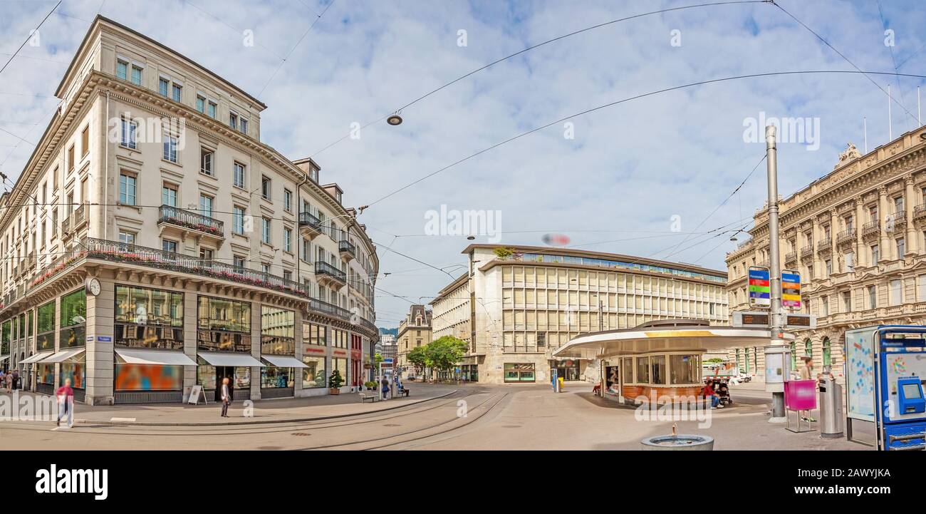 Paradeplatz panorama, inner city of Zurich, view from shopping ...