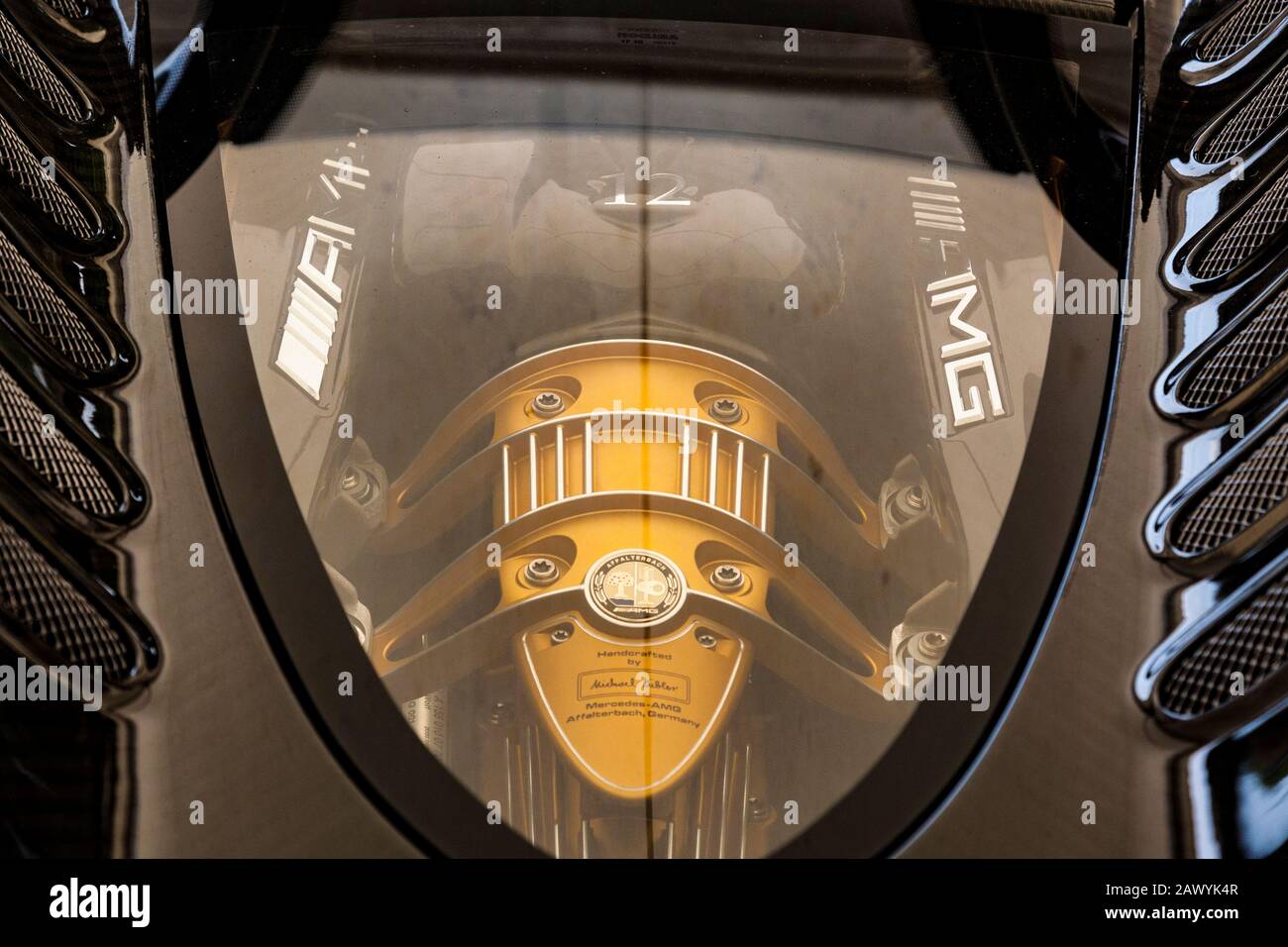 View of AMG engine individually signed by Michael Kübler through clear ...