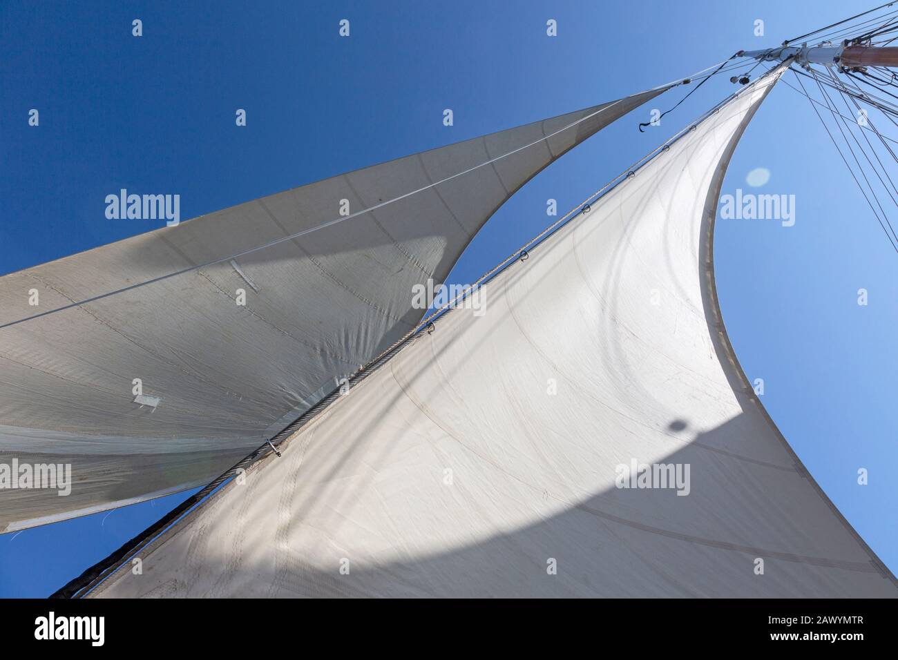 Sailboat sails blowing in breeze below sunny blue sky Stock Photo - Alamy