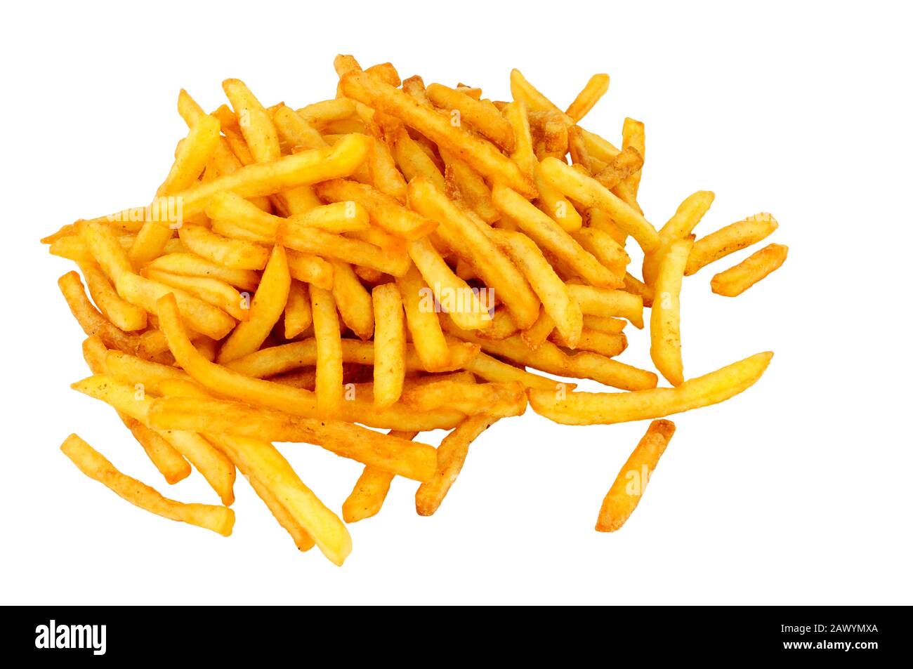 Group of crispy golden French fries isolated on a white background ...