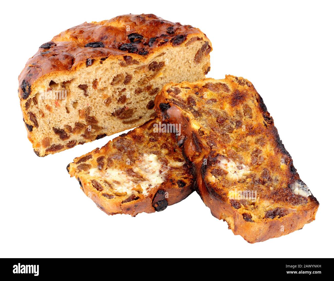 Toasted Irish barmbrack sweet bread slices with butter isolated on a ...