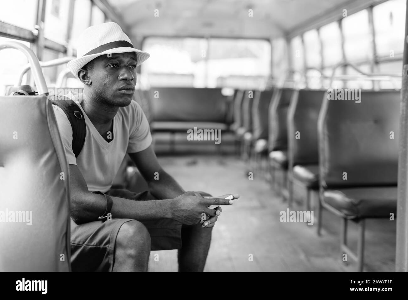 Young man travel bus Black and White Stock Photos & Images - Alamy