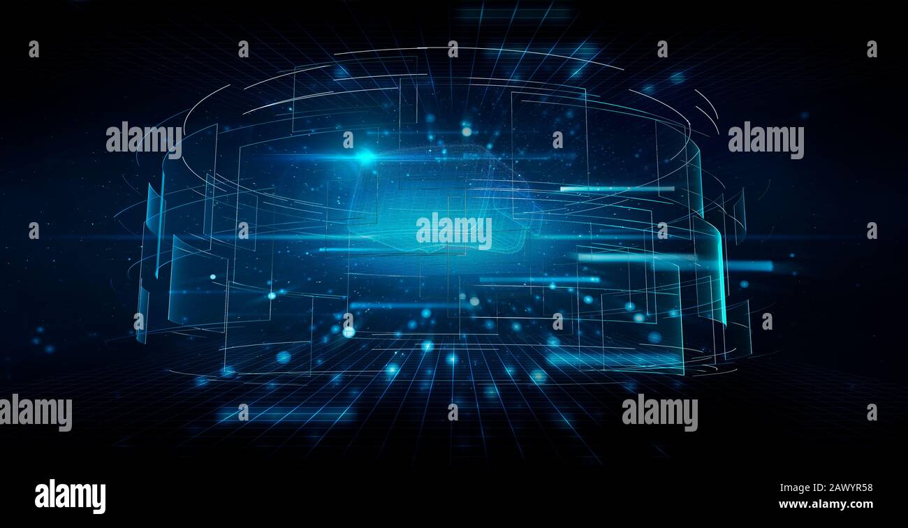 Blue CGI futuristic virtual reality simulator glasses Stock Photo - Alamy