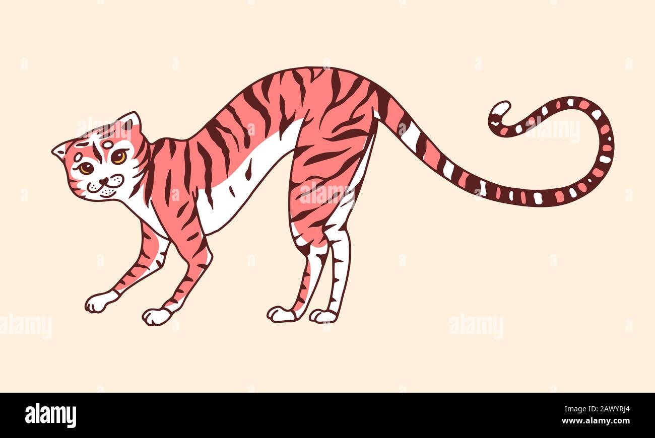 Playful cat in the pose of a hunter. Meow power. Cute pet. Hand drawn ...