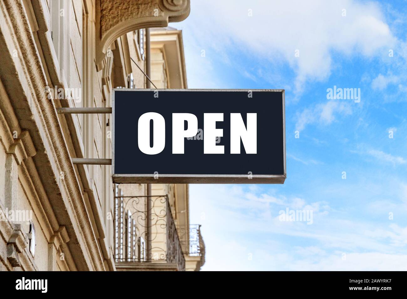 Open signboard on the street (photo Stock Photo - Alamy