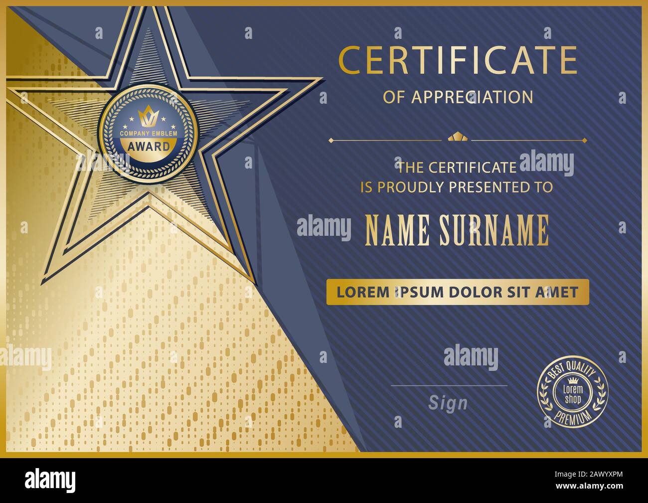 Official certificate with gold blue gold triangles, line . Business ...